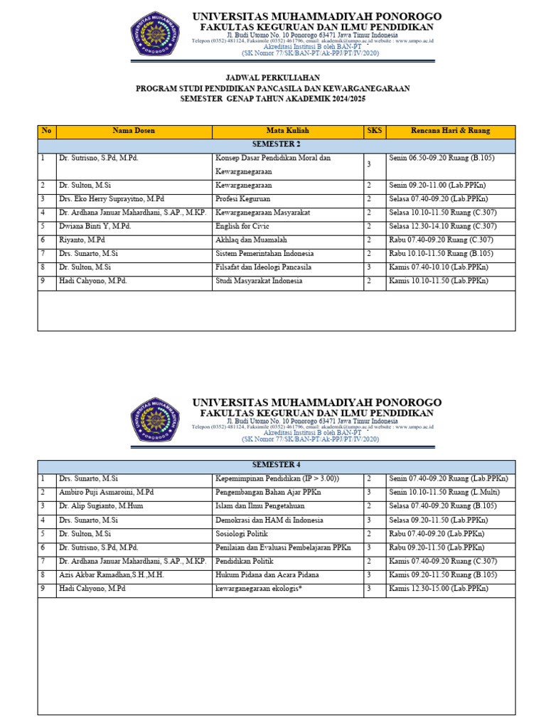 JADWAL PRODI PPKN SEMESTER GENAP TAHUN AKADEMIK 2024-2025 | PDF