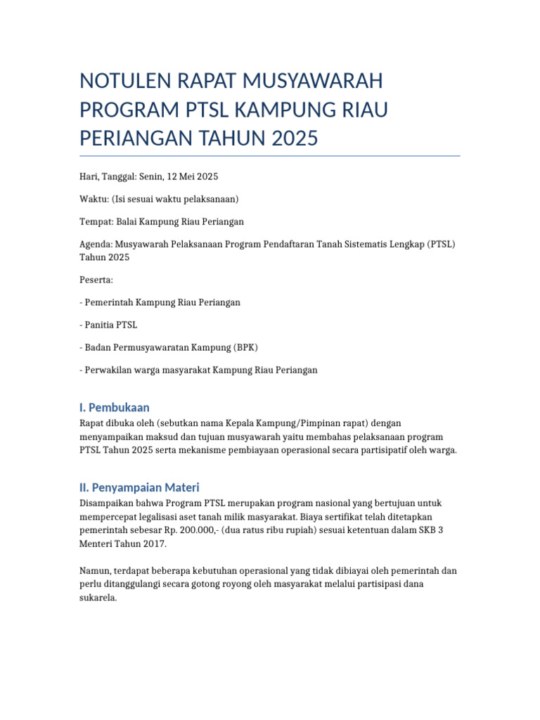 Notulen Rapat PTSL Kampung Riau Periangan 2025 | PDF