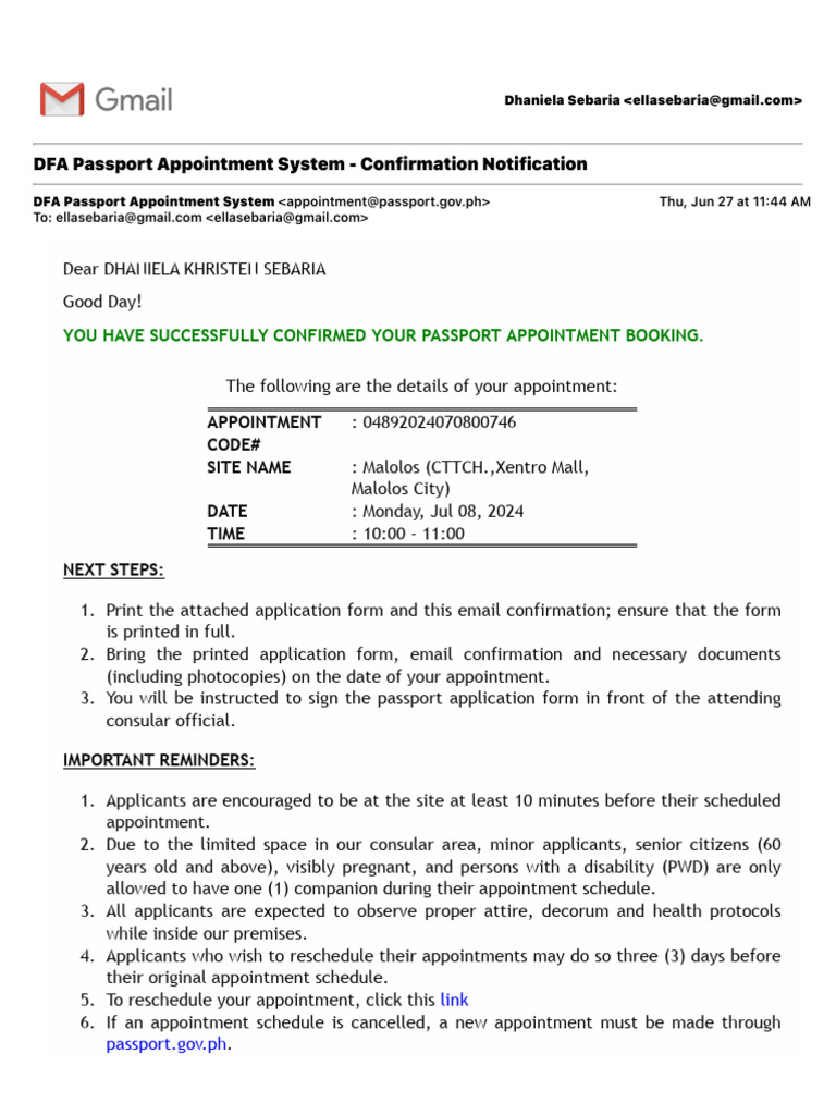 DFA Passport Appointment System - Confirmation Notification | PDF