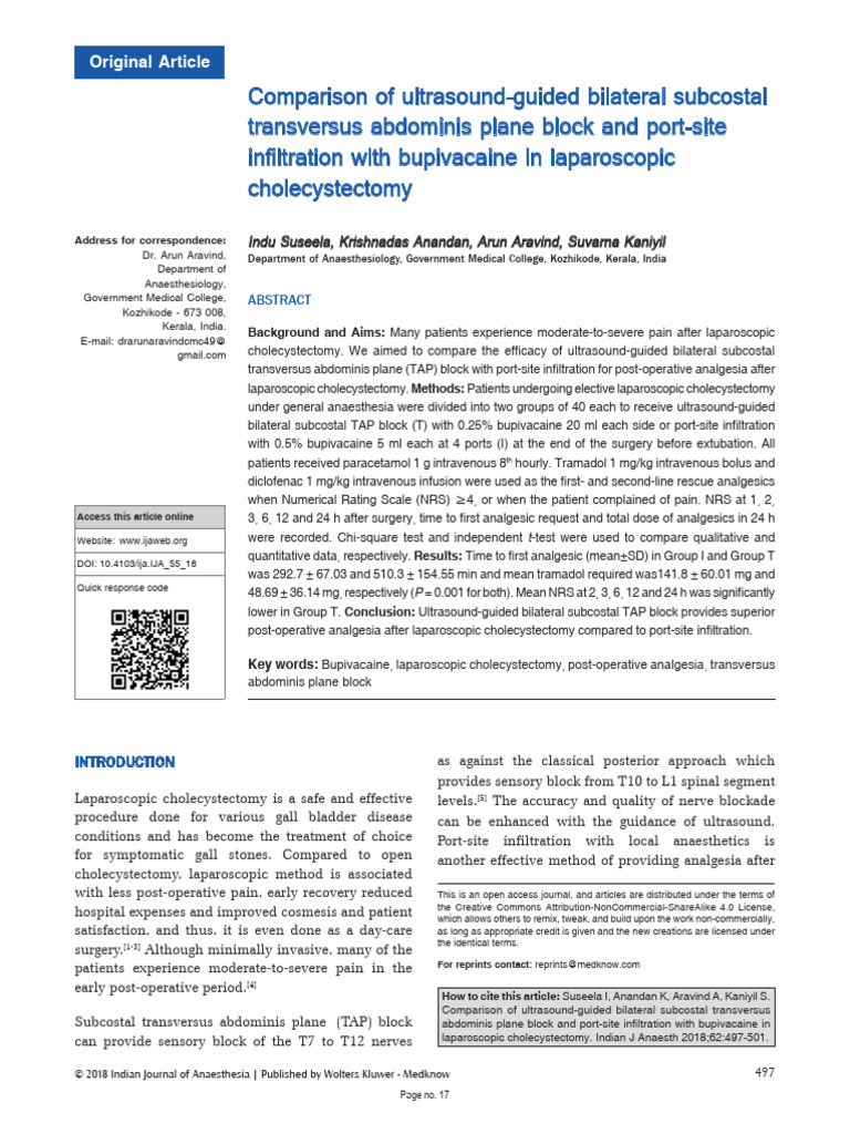 Comparison of USG Guided TAP Block - Lap Chole | PDF | Analgesic | Anesthesia