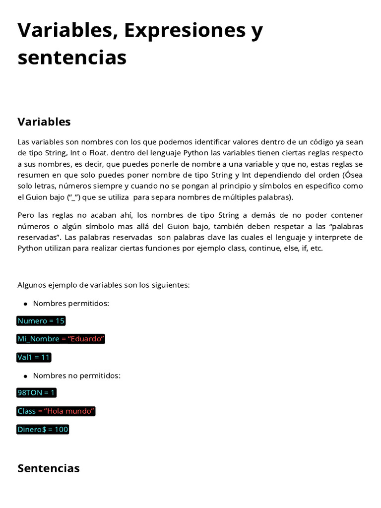 Variables, Expresiones y Sentencias | PDF | Python (lenguaje de ...