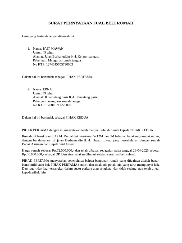 Surat Pernyataan Jual Beli Rumah | PDF