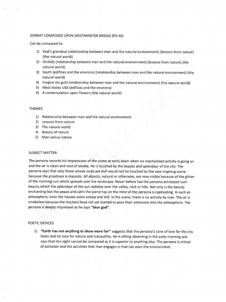 Sonnet Composed Upon Westminster Bridge | PDF