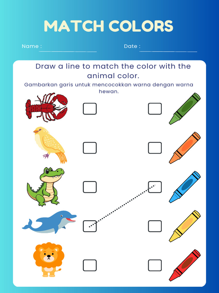 Colorful Simple Illustration Playful Animal Matching Color Worksheet ...