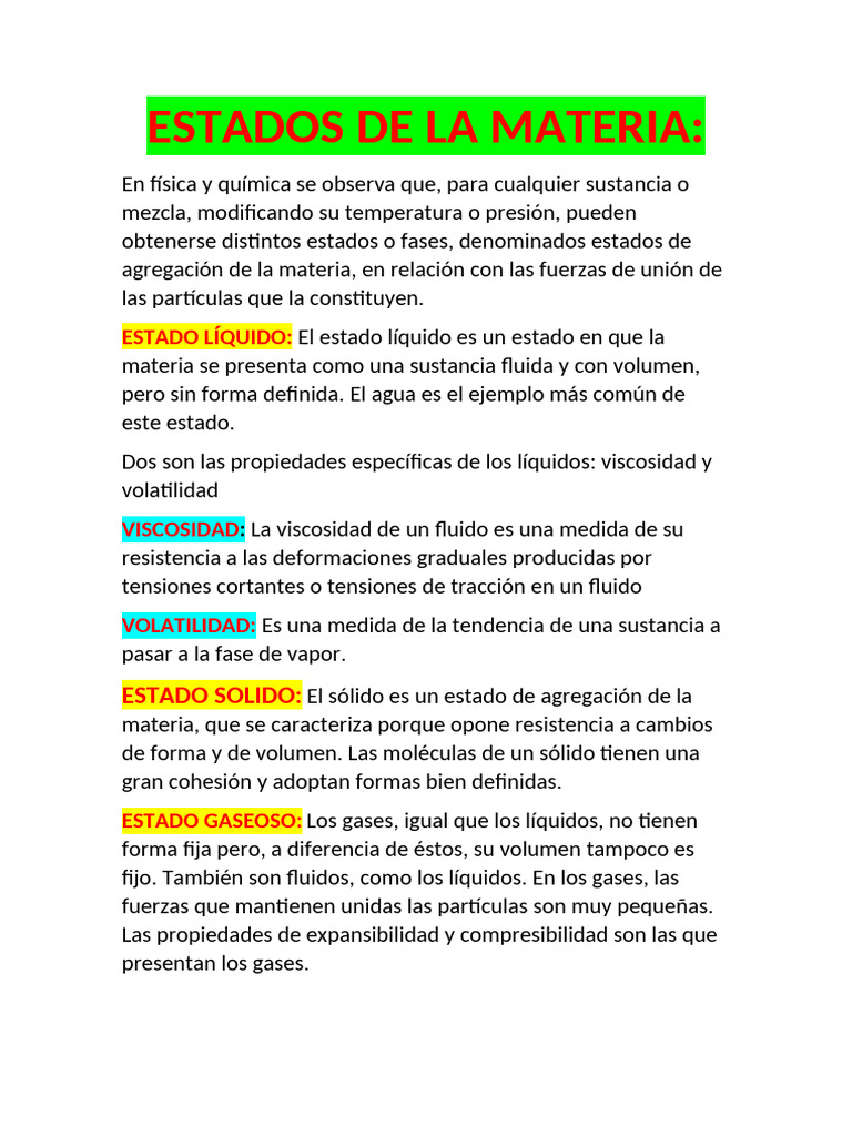 Estados de la Materia y sus Propiedades | PDF | Gases | Líquidos