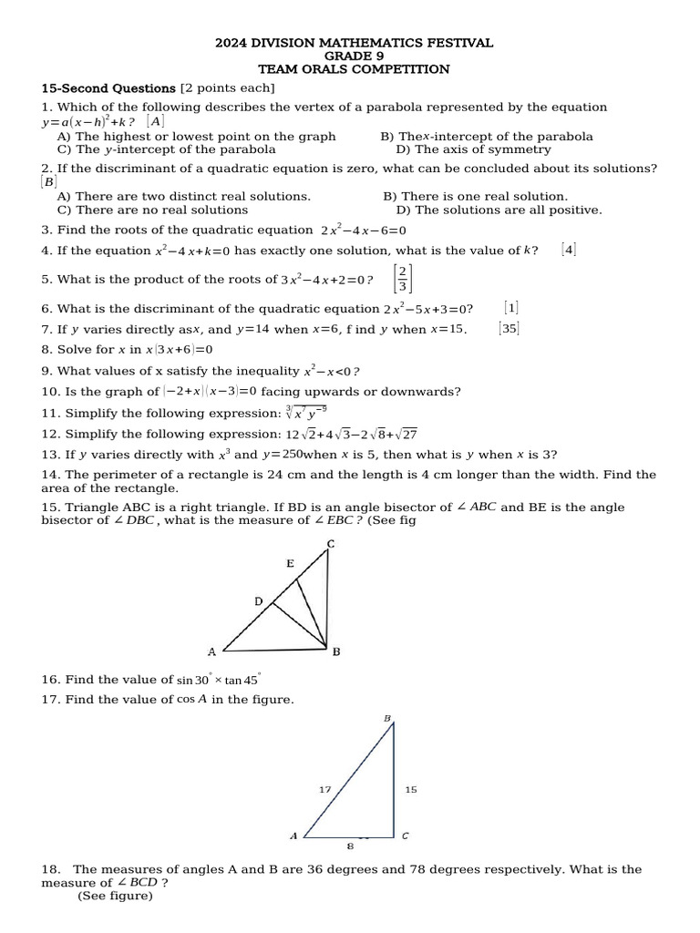 G9 - 2024 Division Mathematics Festival | PDF | Quadratic Equation ...