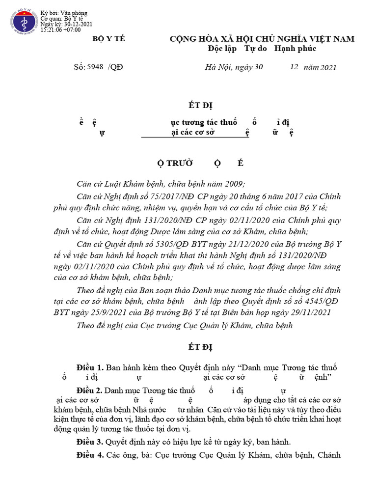 Quyet Dinh So 5948 QD SYT Ngay 30-12-2021 Cua Bo Y Te v v Ban Hanh Danh Muc Tuong Tac Thuoc ...