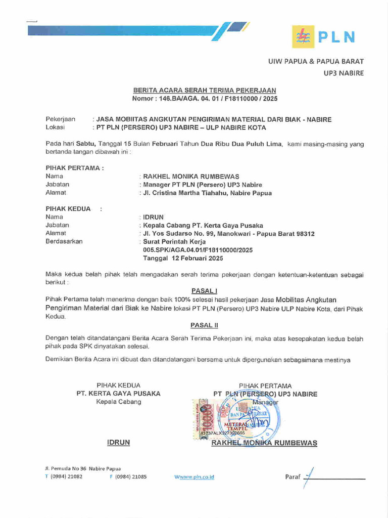 BASTP - Pengiriman Material PHBTR 4 BIAK - NBX | PDF