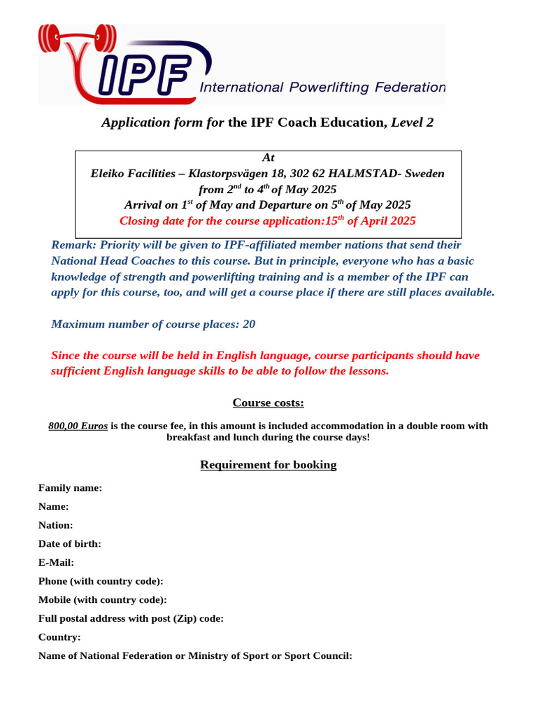 Application Form IPF Coach Licence Scheme Level II May 2025 | PDF