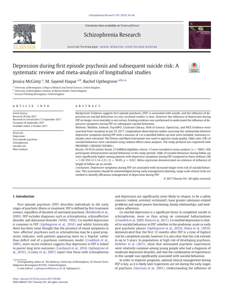 Depression During First Episode Psychosis and Subsequent Suicide Risk ...