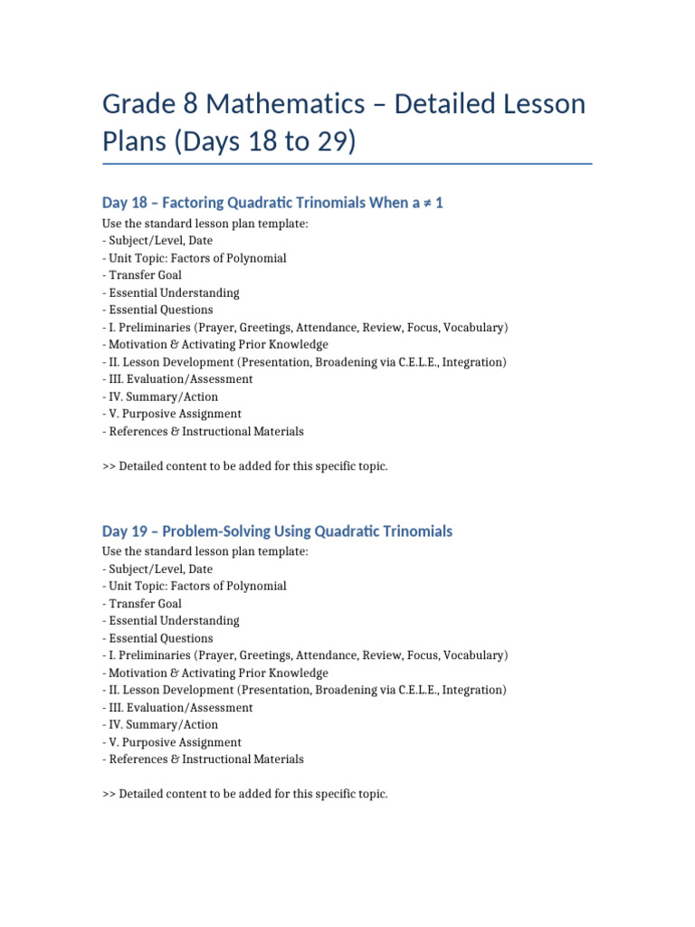 Math8 Lesson Plans Days 18 To 29 | PDF | Lesson Plan | Factorization