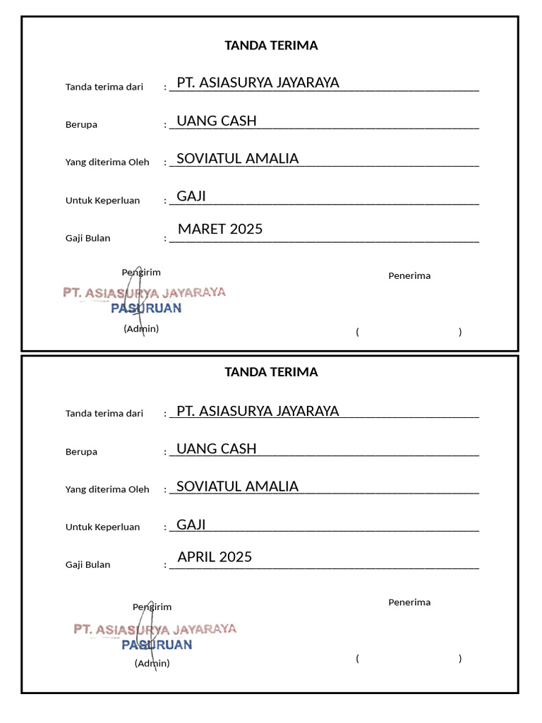 Contoh Tanda Terima Gaji Tunai | PDF