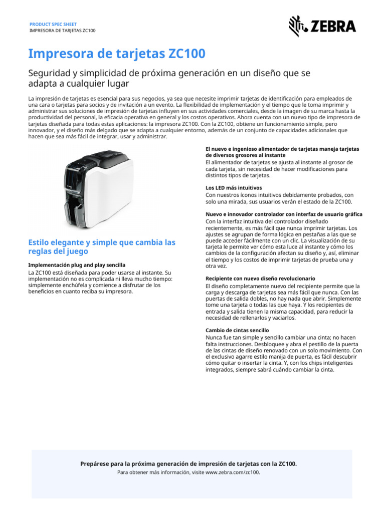 zc100 Spec Sheet Es La | PDF | Impresora (Computación) | USB