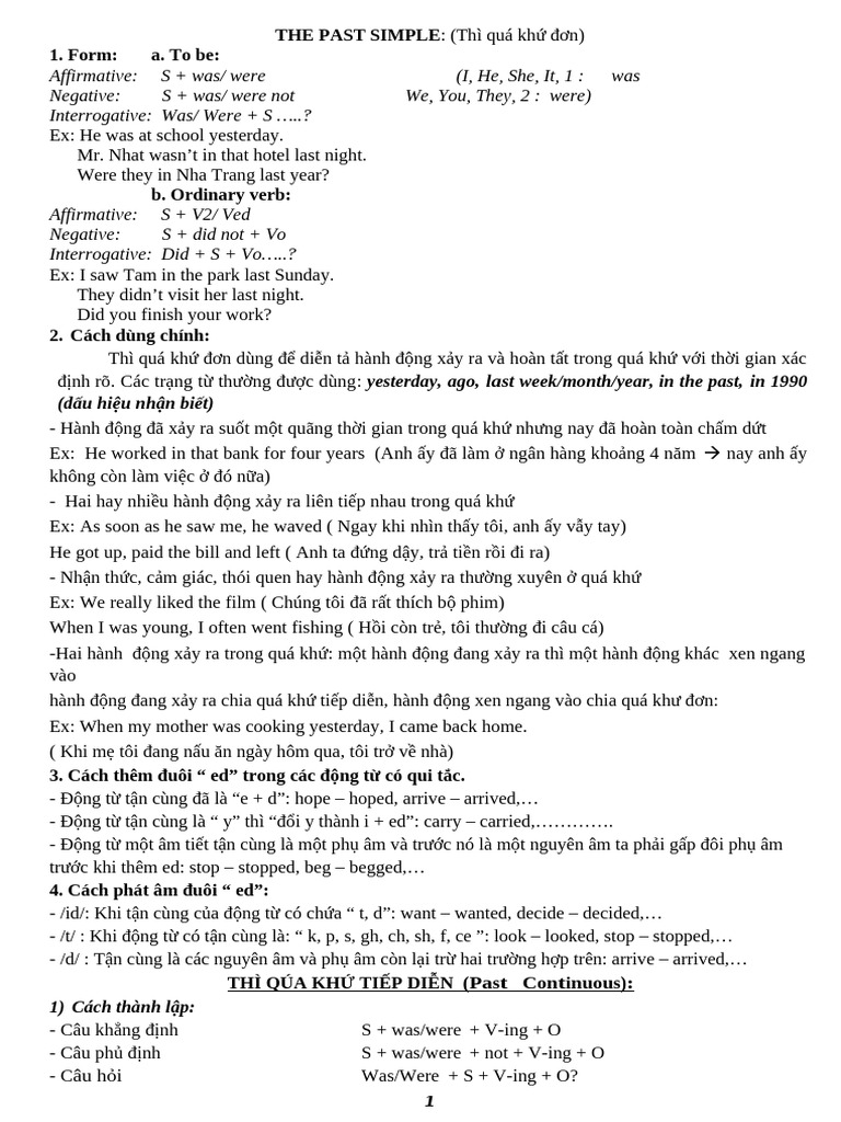 LY THUYET VA BAI TAP THI QUA KHU DON Va Qua Khu Tiep Dien | PDF