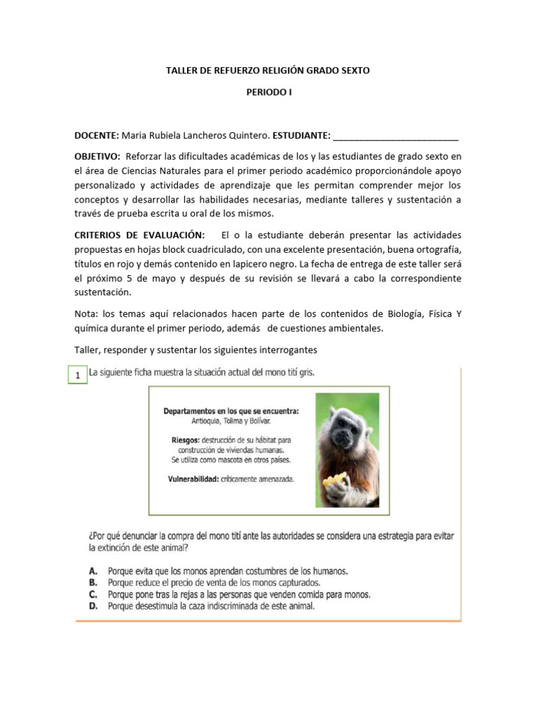 TALLER DE REFUERZO CIENCIAS NATURALES GRADO SEXTO | PDF