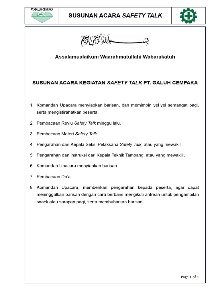 Susunan Acara Safety Talk - Final Recovery | PDF