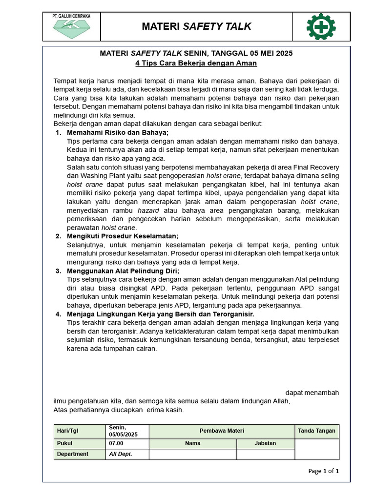 Materi Safety Talk - Final Recovery | PDF