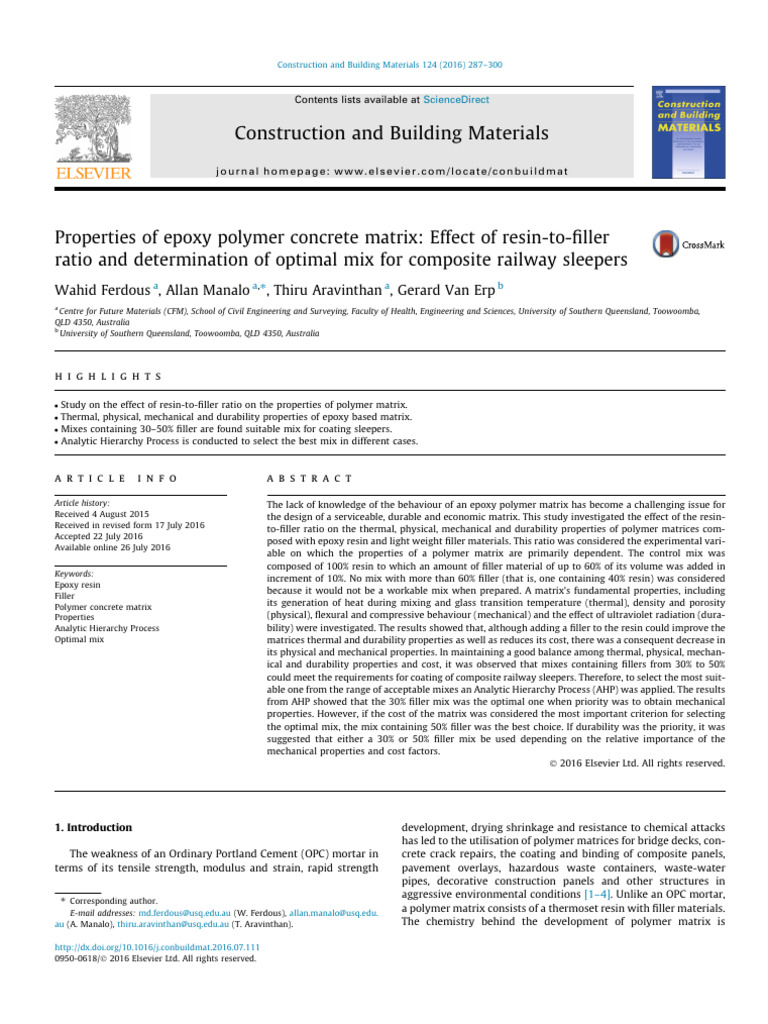 Properties of Epoxy Polymer Concrete Matrix - Effect of Resin-To-Filler ...