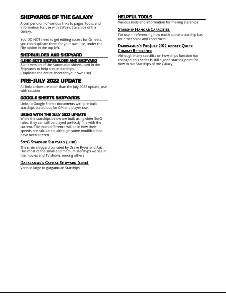 SW5E Starship Shipyards Guide | PDF