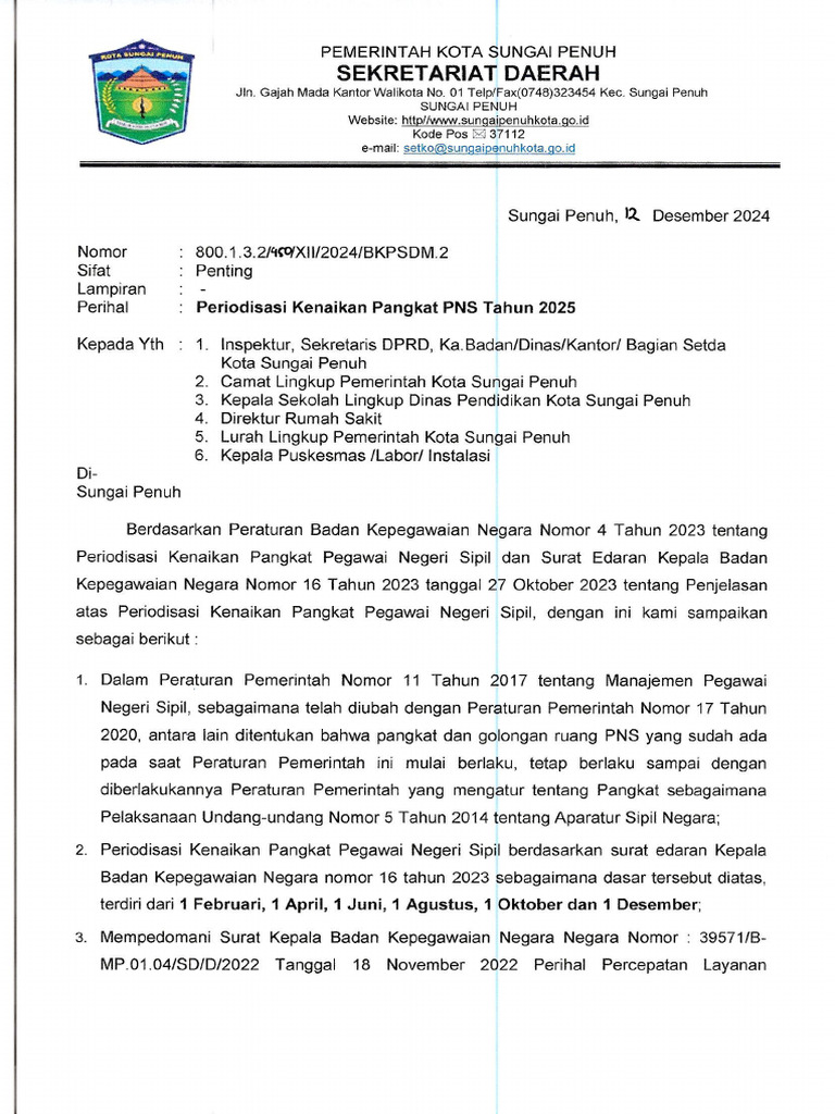 Edaran Kenaikan Pangkat 2025 Pemerintah Kota Sungai Penuh_0001 | PDF