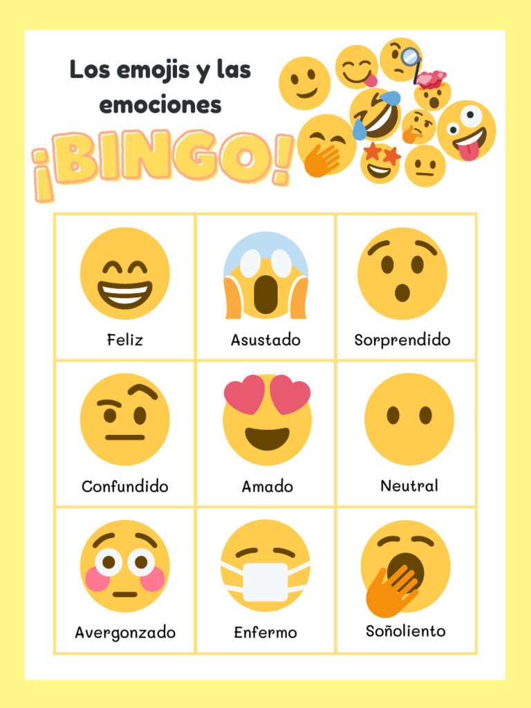 Hoja de Trabajo de Bingo Emojis y Emociones Ilustrado Amarillo y ...