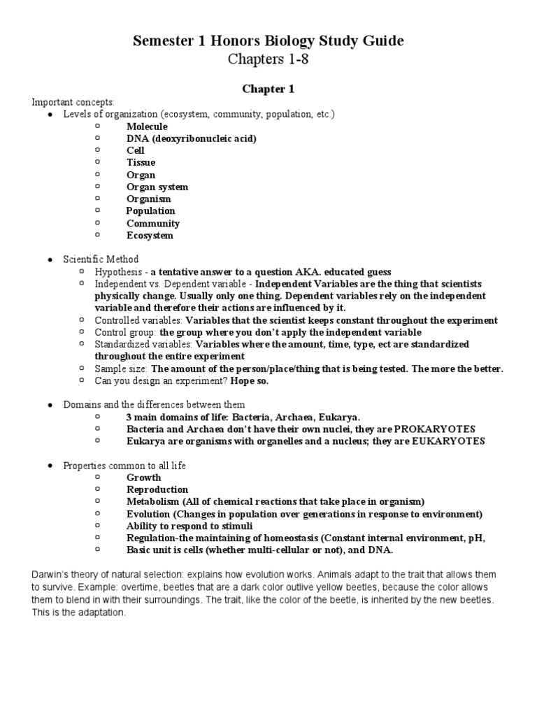 Semester 1 Honors Biology Study Guide: Chapters 1-8 | PDF | Meiosis ...