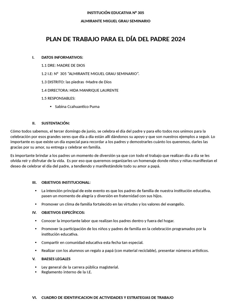 Iplan de Trebajo Del Dia Del Padre 2024 | PDF