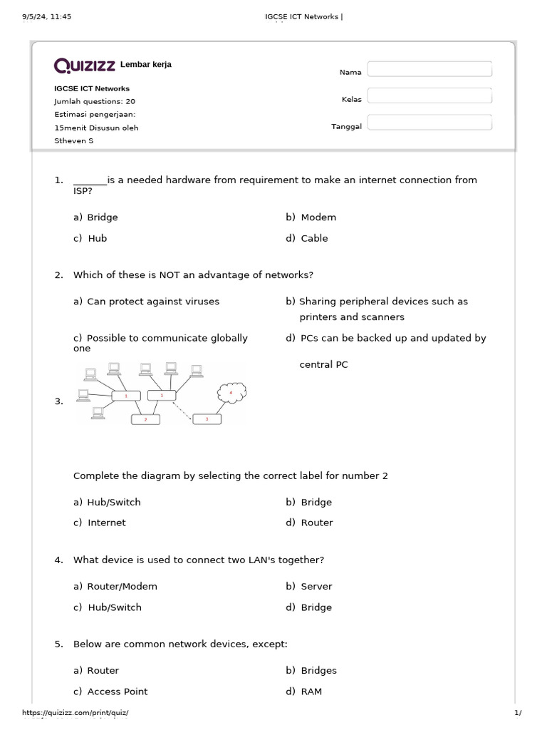 Igcse Ict Networks Quizizz Pdf Computer Network Network Switch