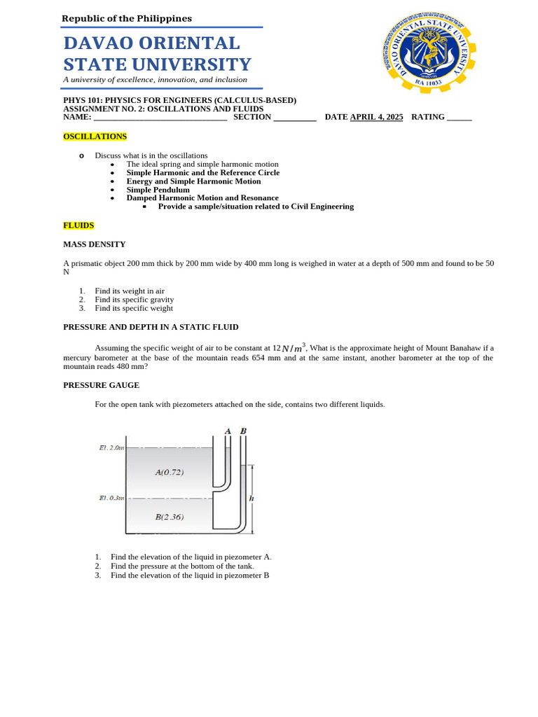 PHYS101-Assignment-No-2-Oscillations-Fluids-2025 | PDF | Fluid Mechanics | Applied And ...