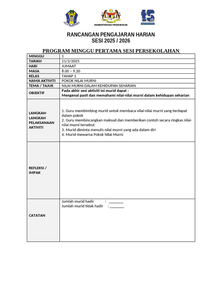 RPH Minggu Pertama Panitia Pendidikan Moral Tahap 1 | PDF