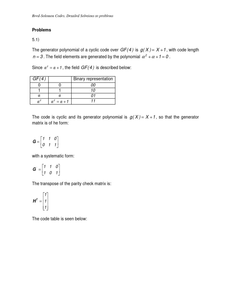 Reed-Solomon Codes. Detailed Solutions to Problems | PDF | Algebra | Theoretical Computer Science
