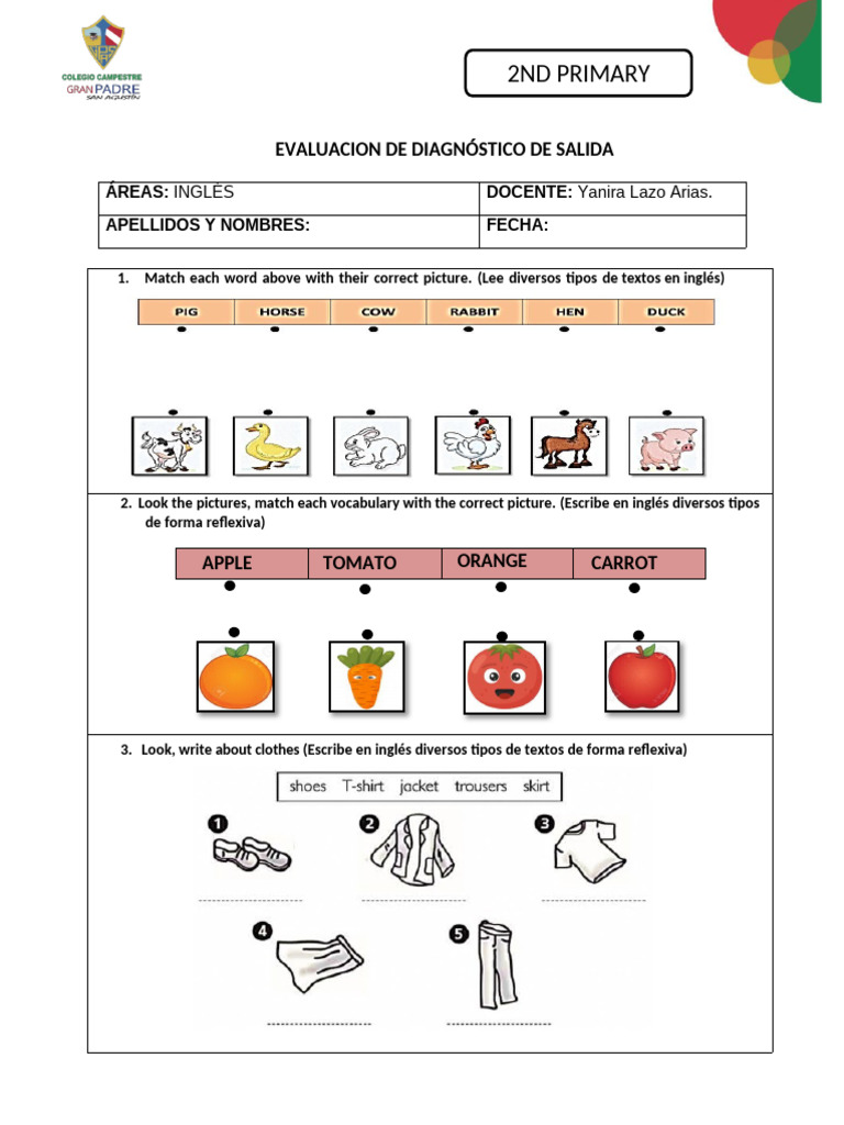 INGLÉS - 2ND PRIMARY- Evaluacion de Estandares Del Nivel Inmediato ...
