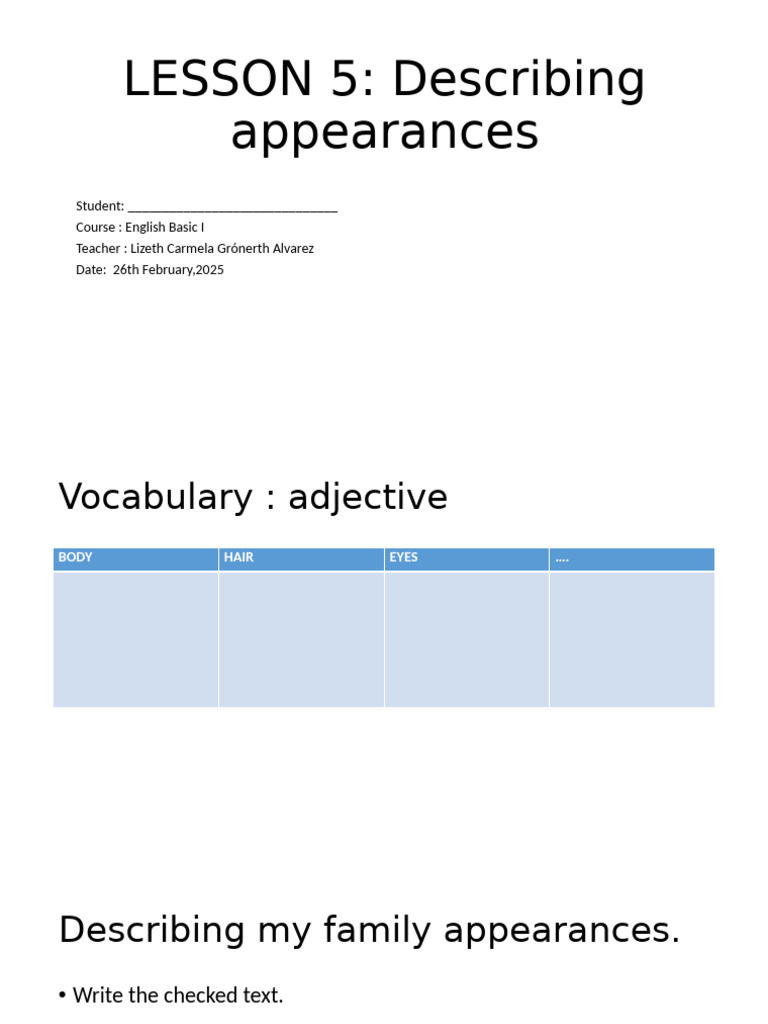 Describing Family Appearances Lesson | PDF