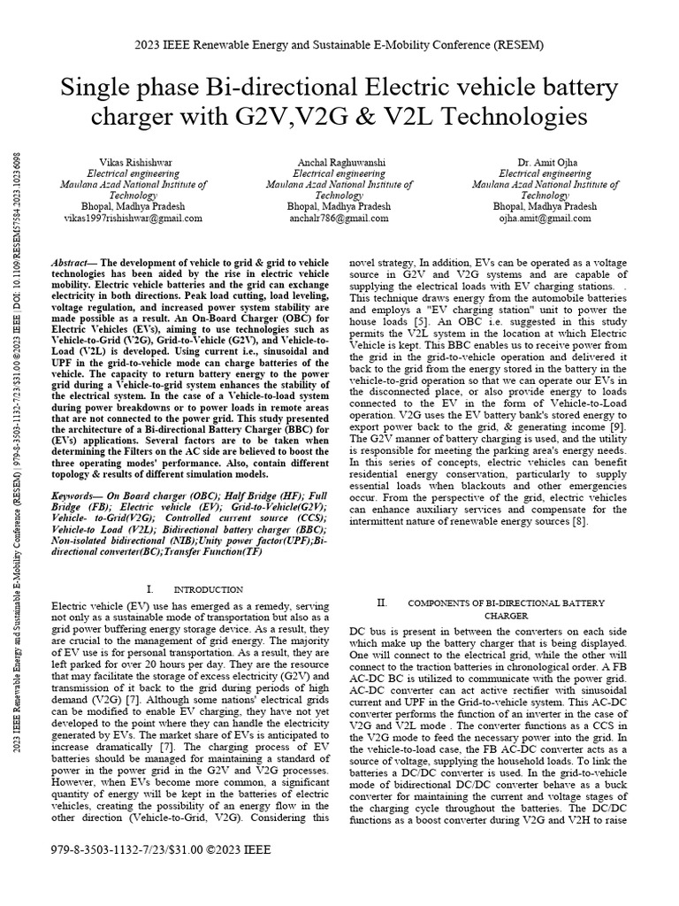 Single Phase Bi-Directional Electric Vehicle Battery Charger With G2V ...