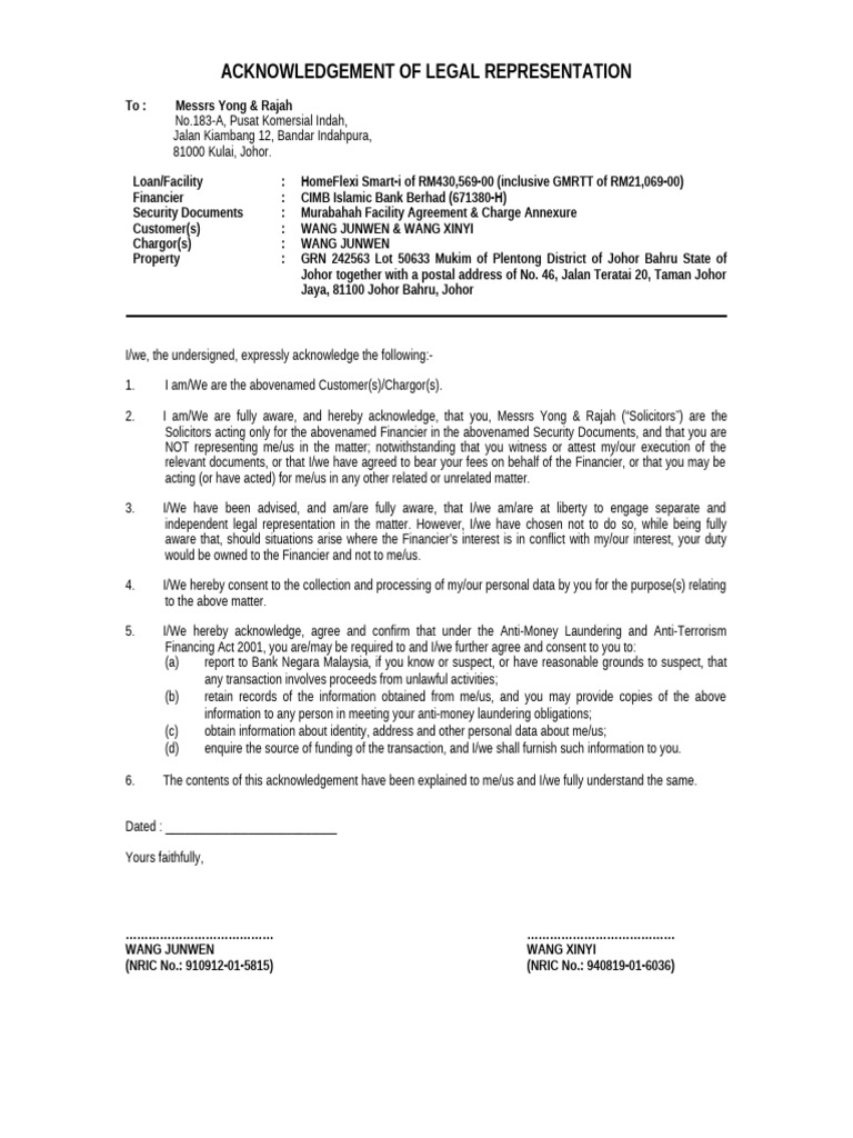 Acknowledgement of Legal Representation - Act For Bank For Loan | PDF ...