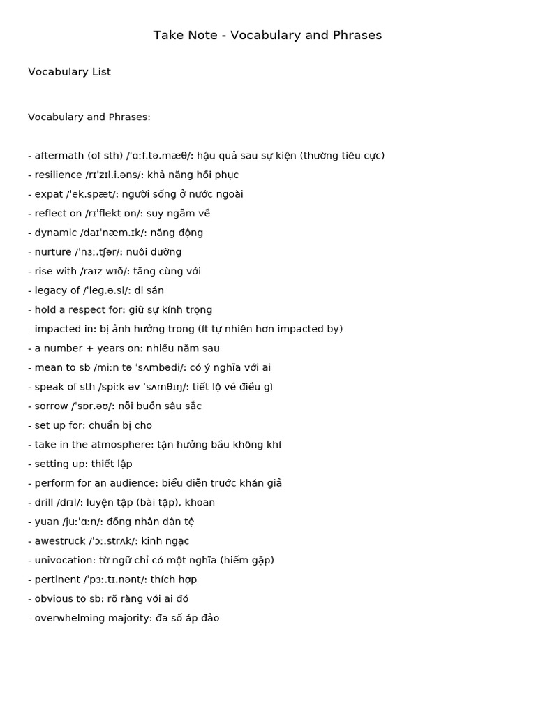 Take Note Vocabulary | PDF