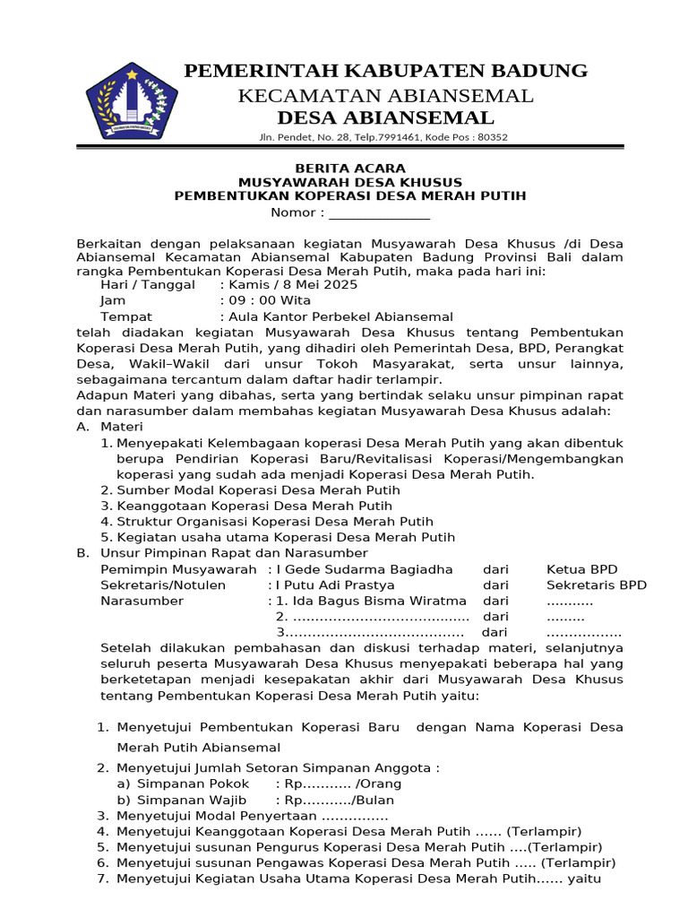 Berita Acara Musdes Khusus Pendirian Kopdes Merah Putih | PDF