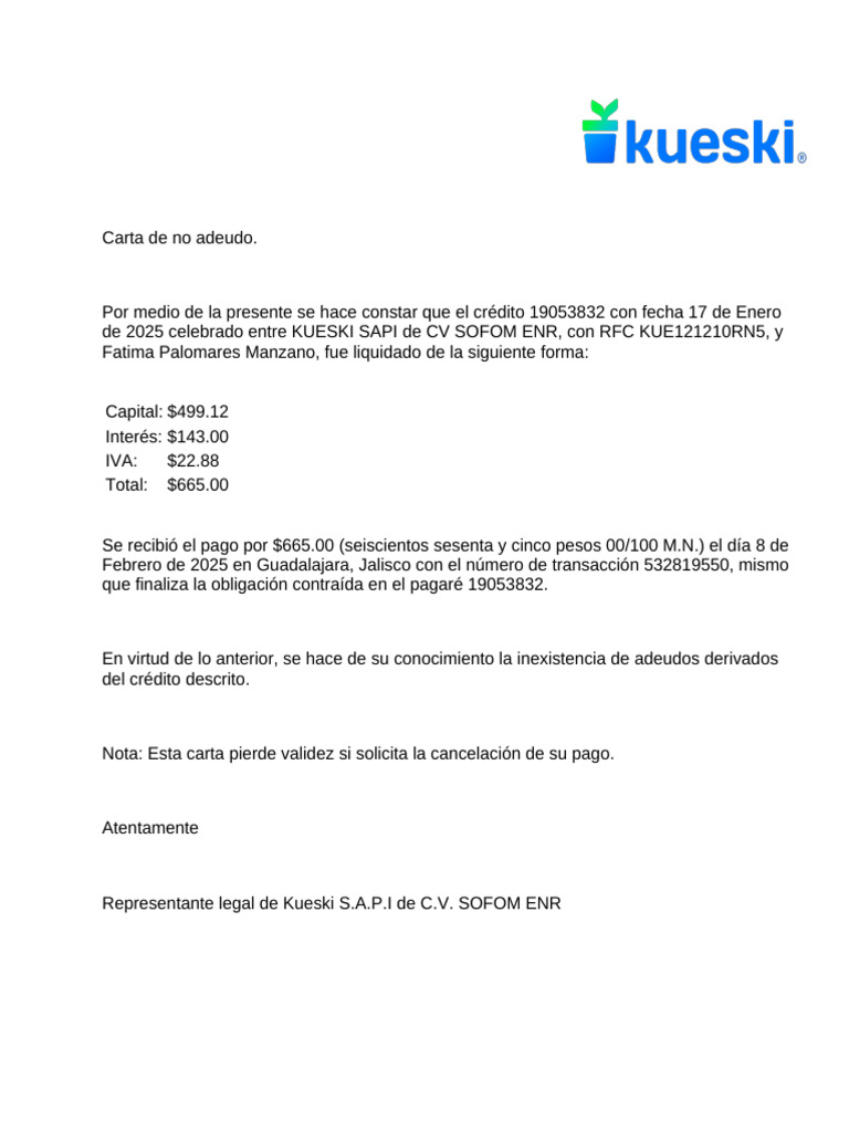 Carta No Adeudo Pagare 19053832 | PDF