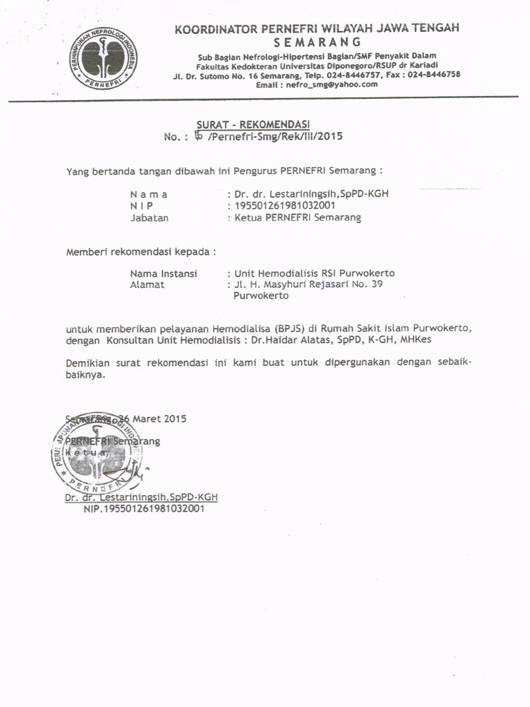 SURAT REKOMENDASI HD PERNEFRI | PDF