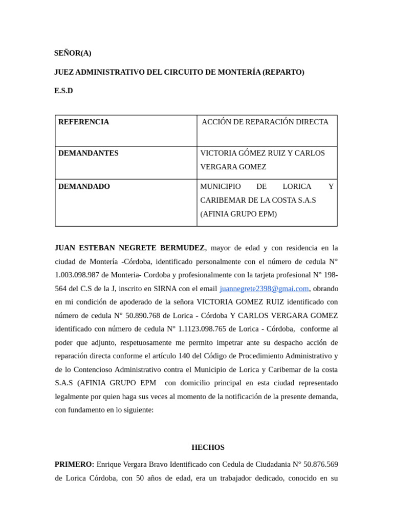 Demanda Reparacion Directa | PDF | Daños y perjuicios | Justicia