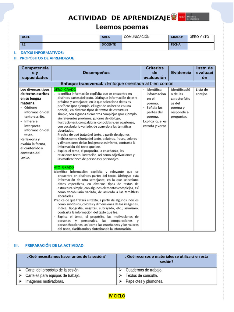 6 DE MAYO - COM - Leemos Poemas - IV CICLO - EDUMEDINA 982082150 | PDF | Información