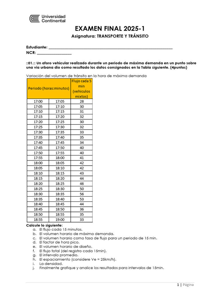 Examen Final 1 de Transporte y Transito | PDF | La carretera | Vehículo de motor