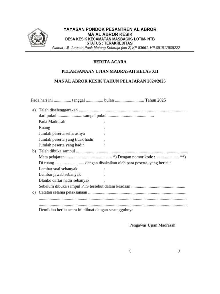 Berita Acara Ma Al Abror | PDF