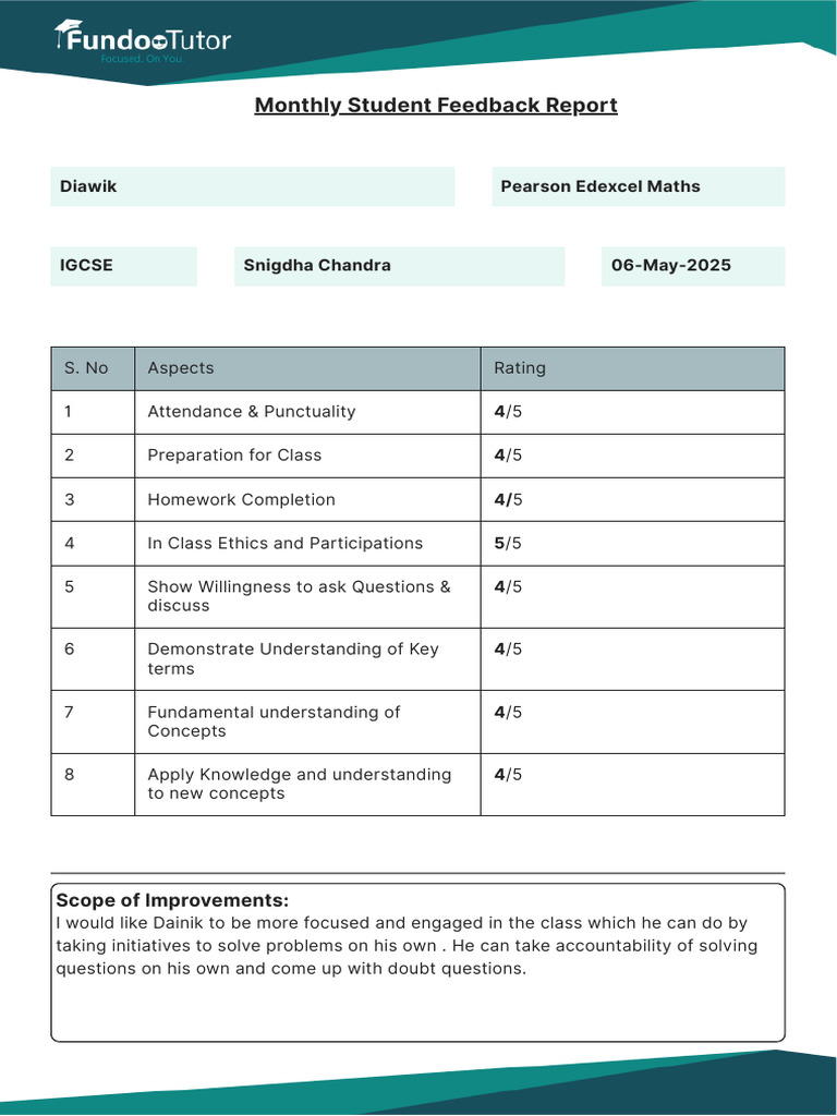 Diawik's Monthly Feedback by Teacher Snigdha Chandra For Pearson ...