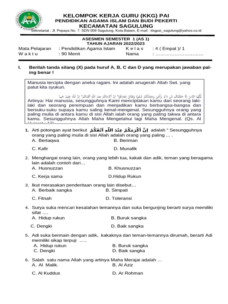 SOAL PAI AKM KELAS 4 Revesi SMTR 1 | PDF
