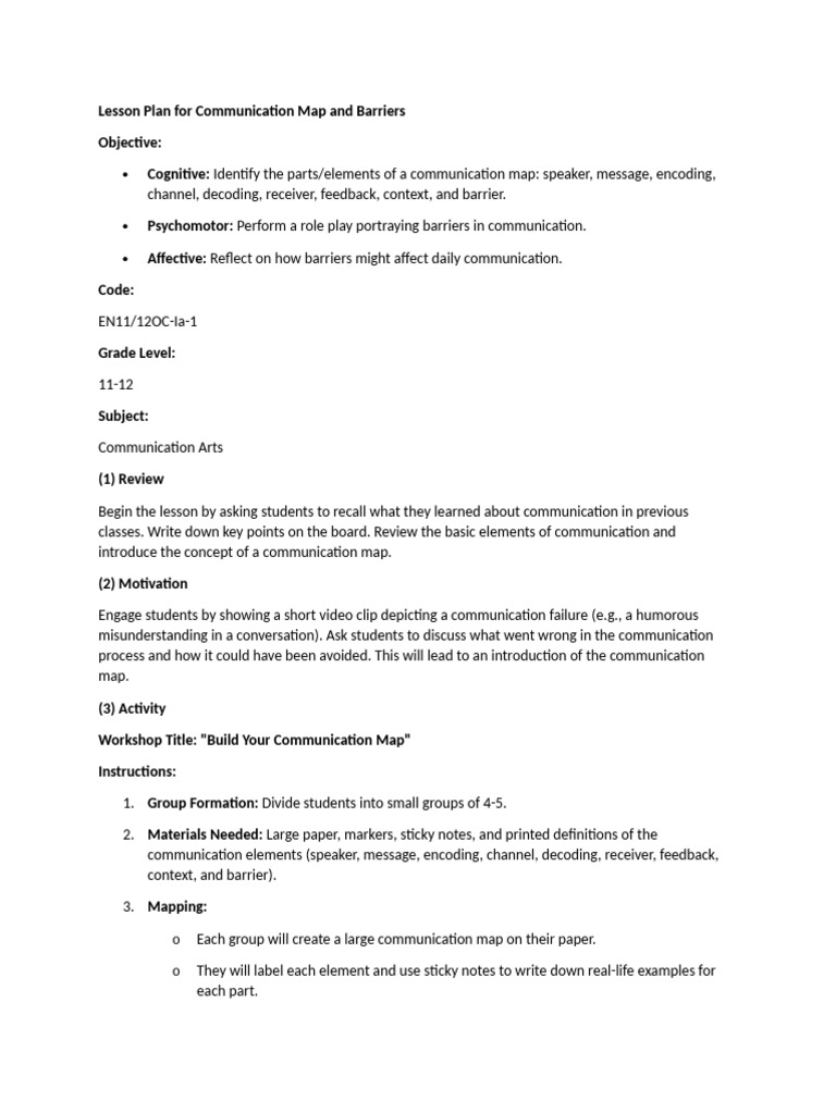 Lesson Plan For Communication Map and Barriers | PDF | Communication ...