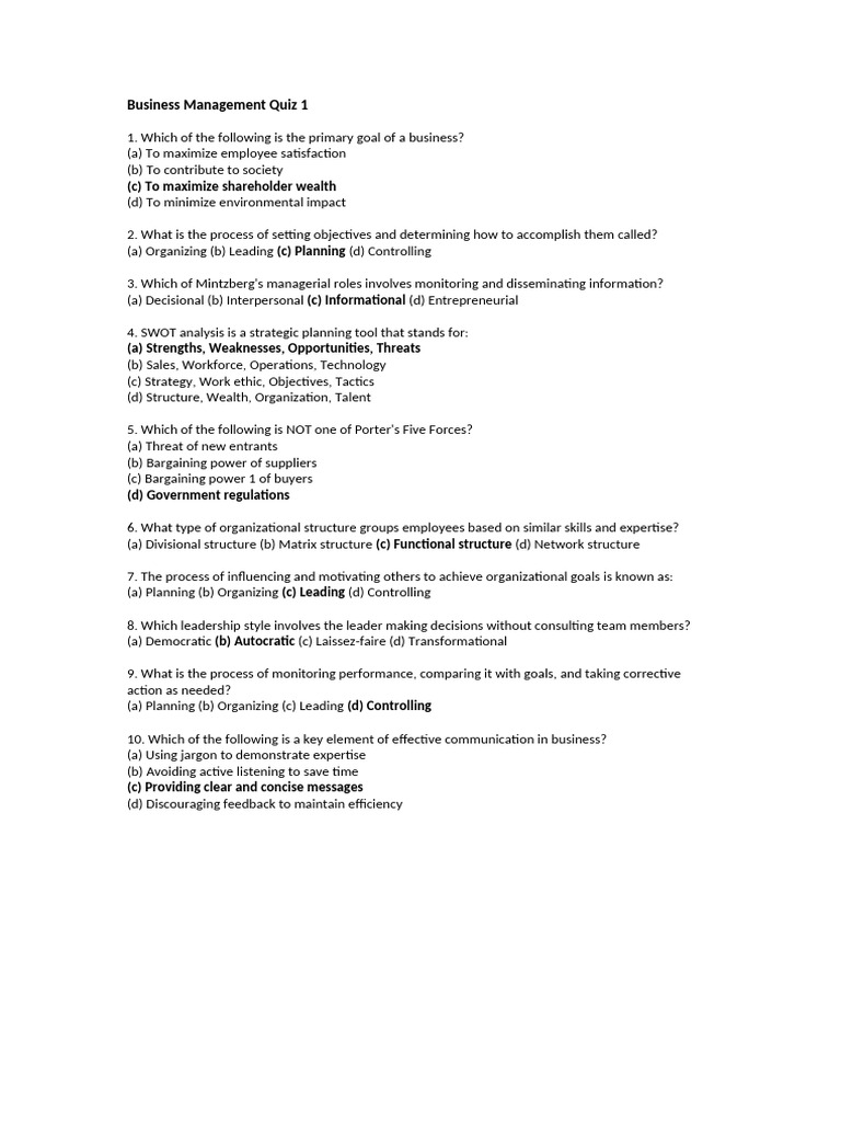 Business Management Quiz 1 | PDF