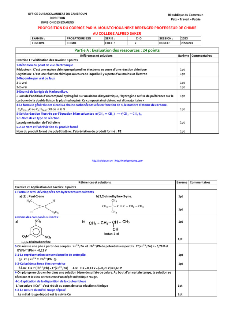 NEKE Proposit° Corrig Chimie PBCDE 2023ok | PDF