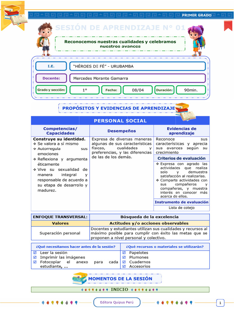 Sesion 1 Personal Social (Primer Grado) | PDF | Ciencias del ...