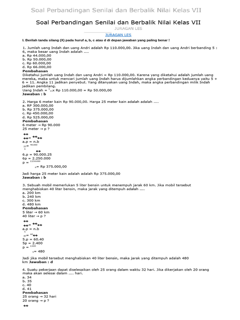 Soal Perbandingan Senilai dan Berbalik Nilai Kelas 7 SMP | PDF